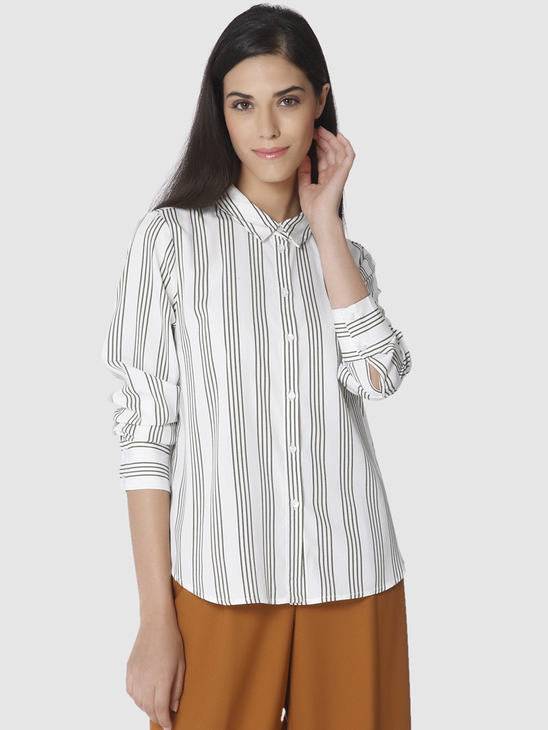 Buy Vero Moda Women White And Green Regular Fit Striped Casual Shirt
