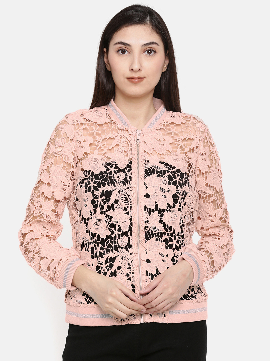 Buy Vero Moda Women Peach Coloured Lace Sheer Bomber - Jackets for ...