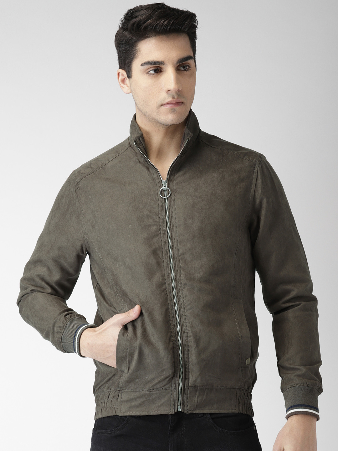 Buy Bossini Men Grey Solid Faux Suede Harringtone Bomber - Jackets for ...