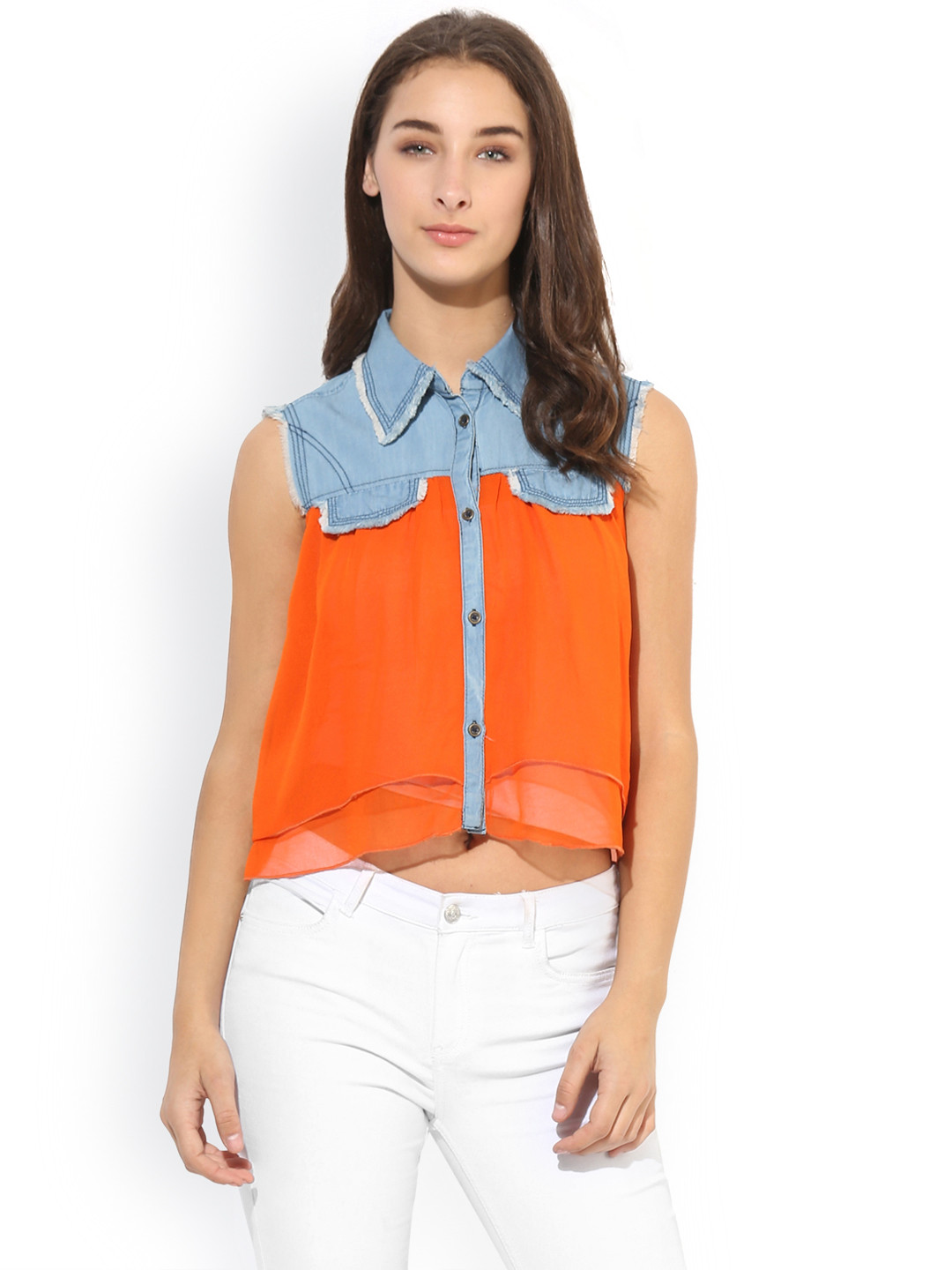 Buy Heather Hues Women Orange & Blue Colourblocked Pure Cotton Top ...
