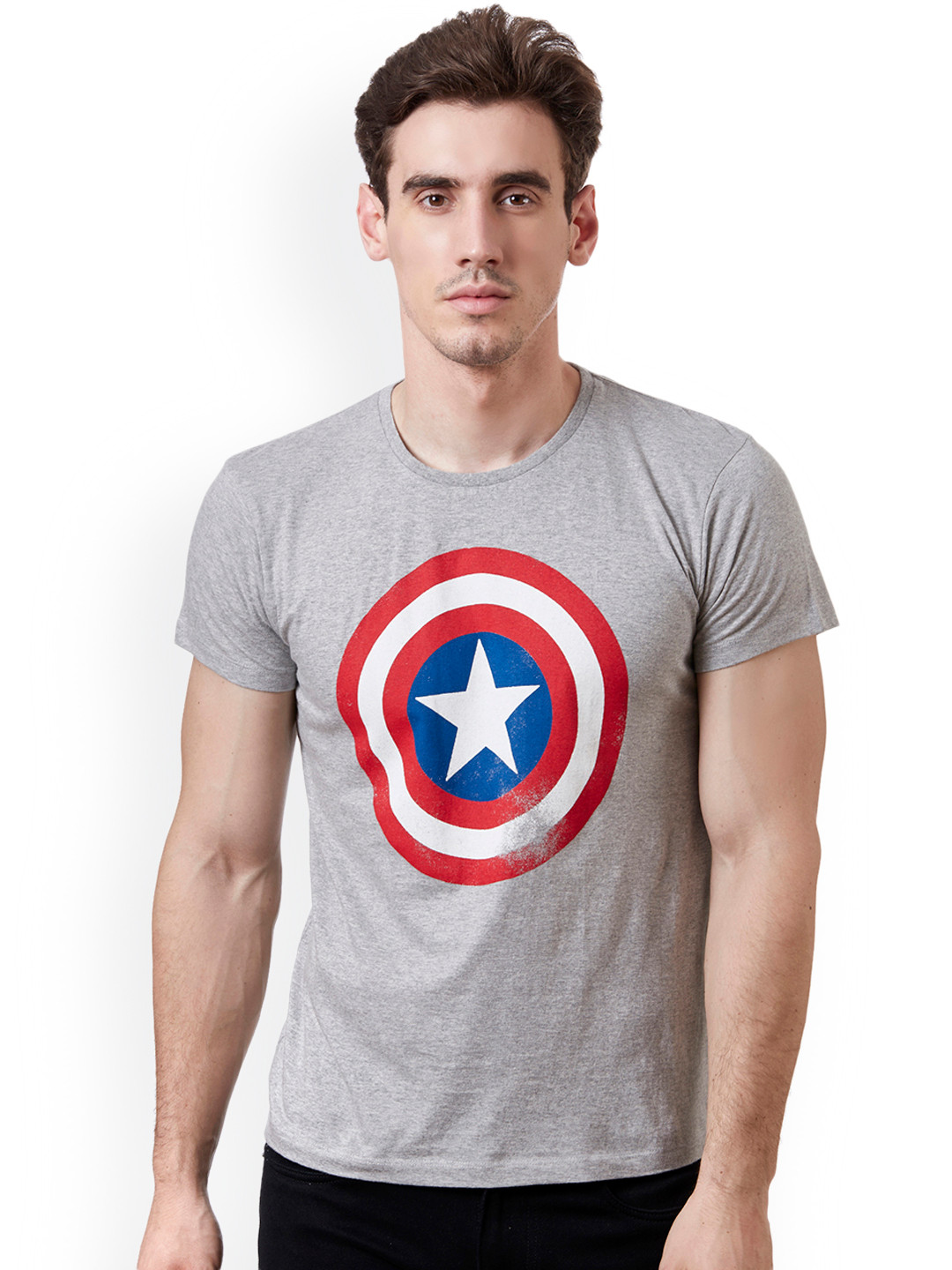 Buy Free Authority Men Grey Melange Captain America Printed T Shirt ...