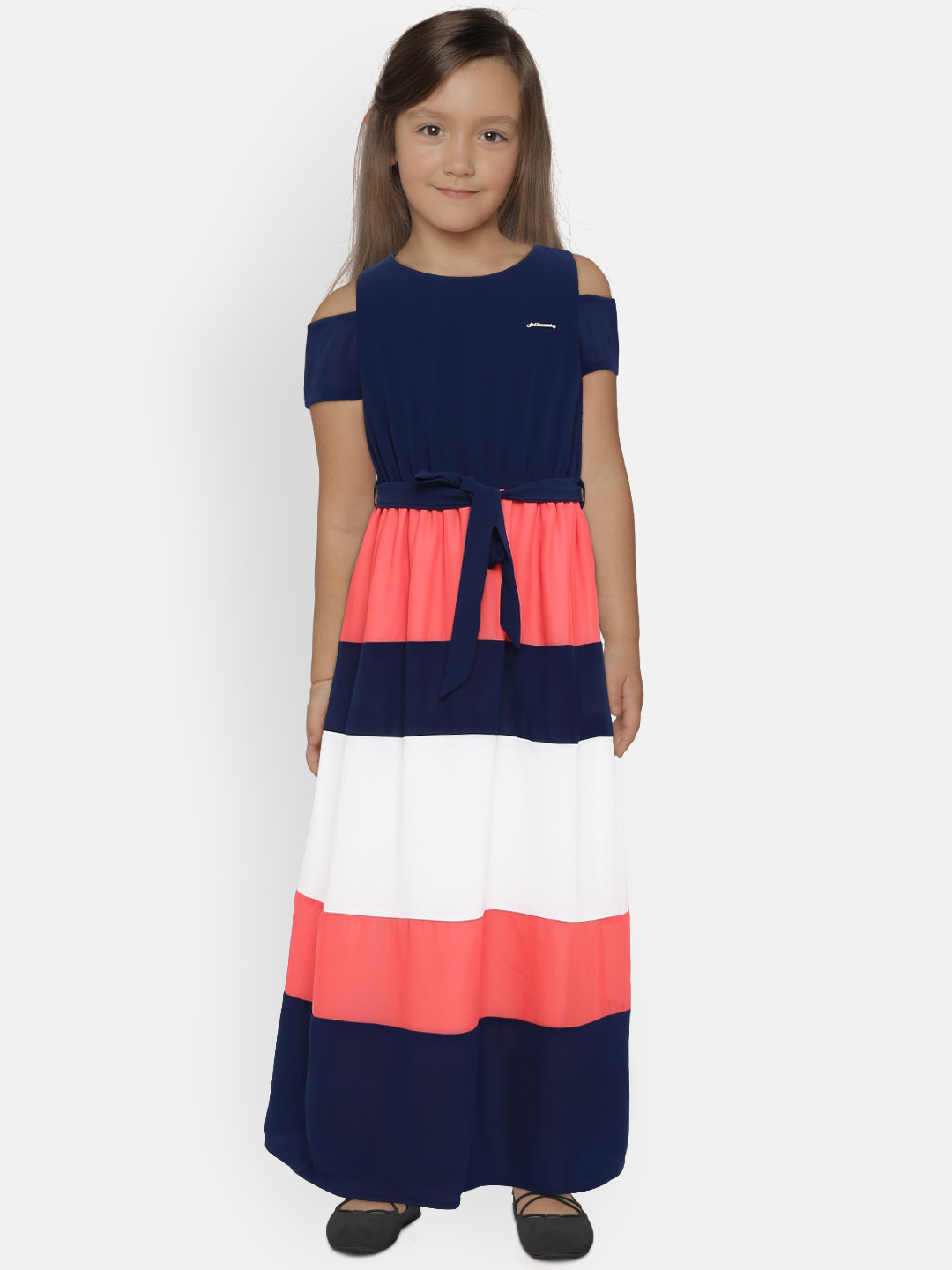 Buy Peppermint Girls Navy Blue & Peach Striped Fit And Flare Dress ...