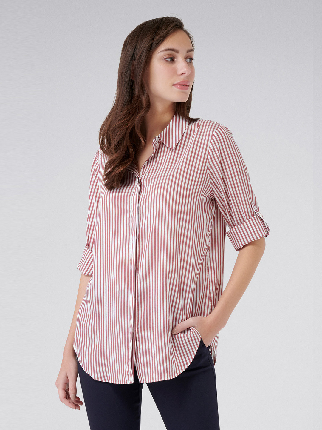 Buy Forever New Women Pink Slim Fit Striped Casual Shirt - Shirts for ...