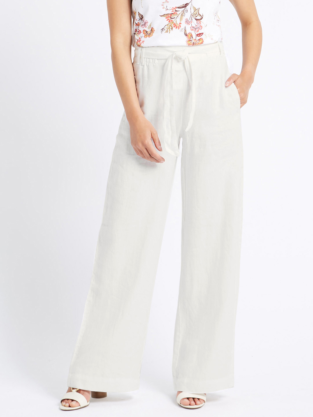 Buy Marks & Spencer Women White Regular Fit Solid Linen Parallel ...