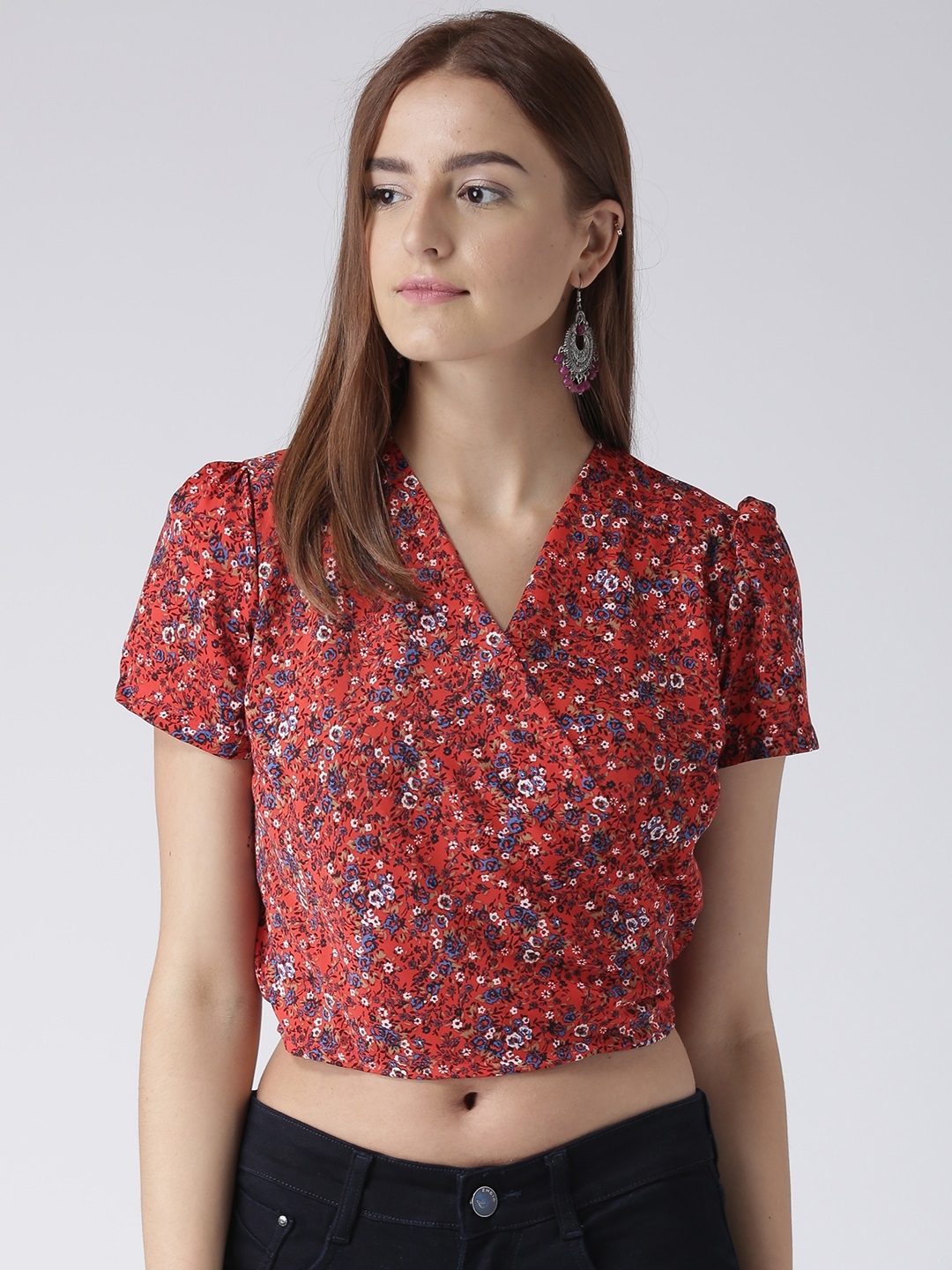 Buy Pinwheel Women Orange Floral Print Crop Wrap Top Tops For Women