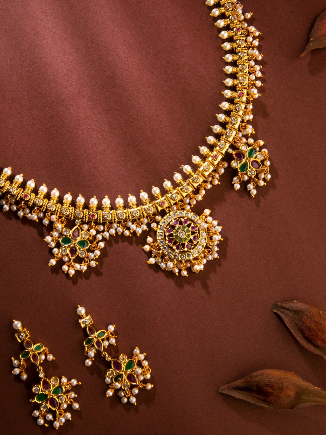 Buy Rubans Women White & Green Gold Plated Handcrafted Jewellery Set ...