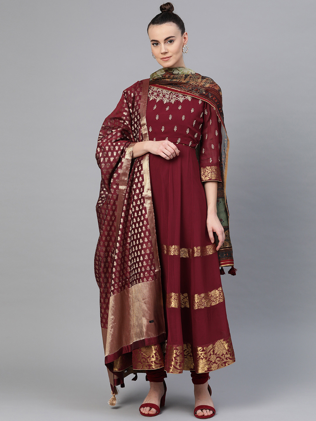 Buy WISHFUL By W Women Maroon & Golden Yoke Design Kurta With Churidar ...