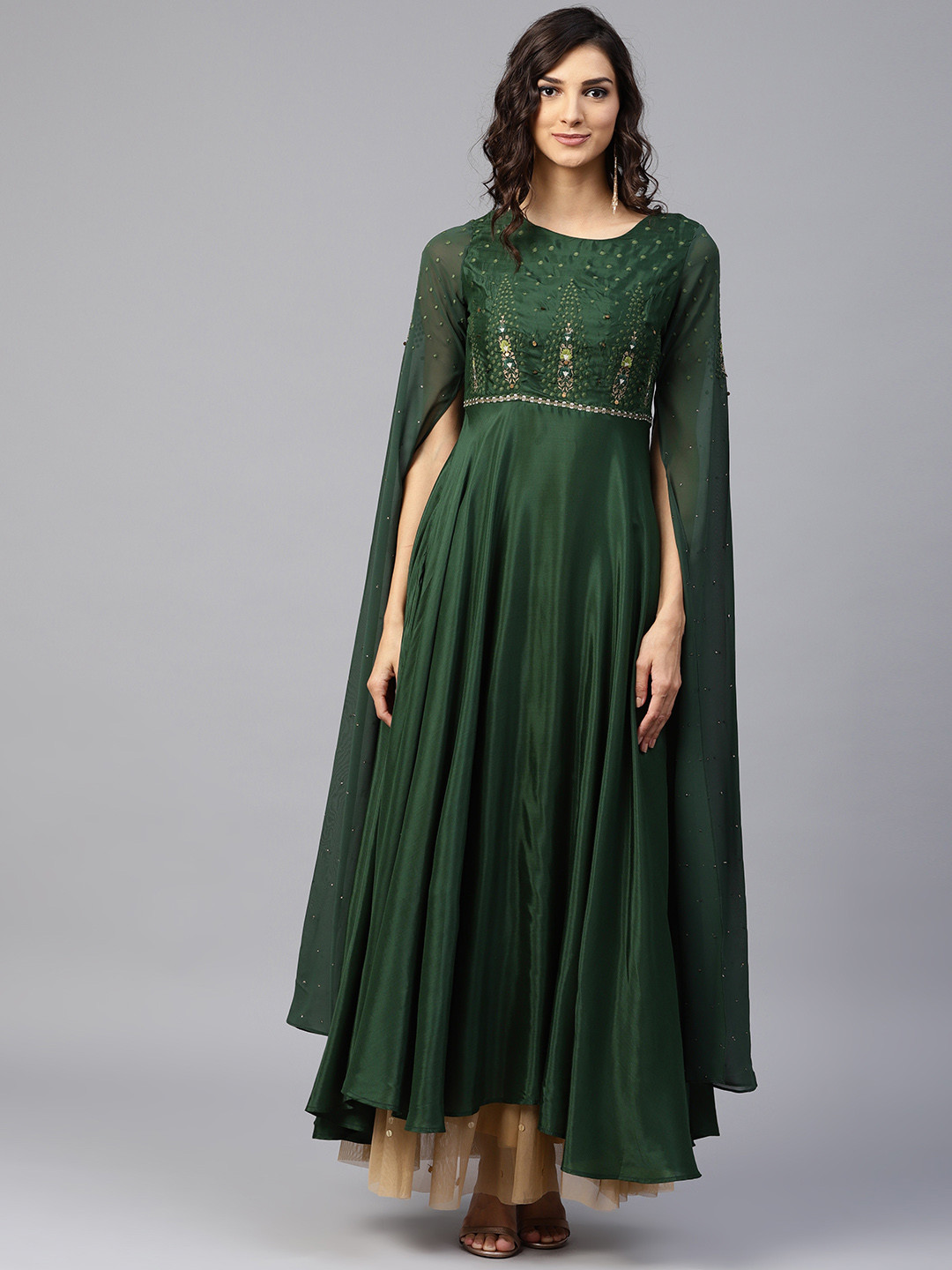 Buy W Women Green & Golden Yoke Design Anarkali Kurta - Kurtas for ...