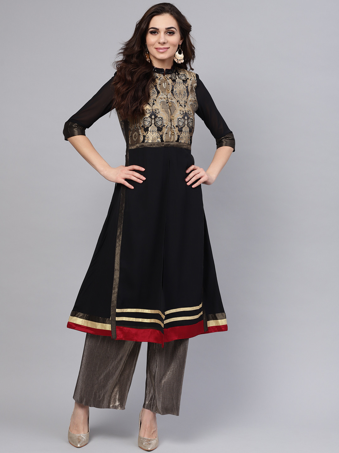 Buy WISHFUL By W Women Black & Golden Yoke Design A Line Kurta - Kurtas ...