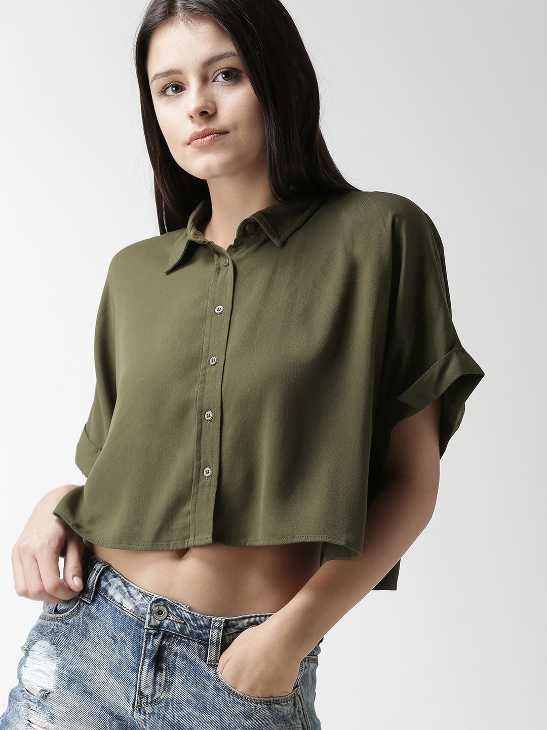 Buy Forever 21 Women Olive Green Boxy Solid Cropped Casual Shirt