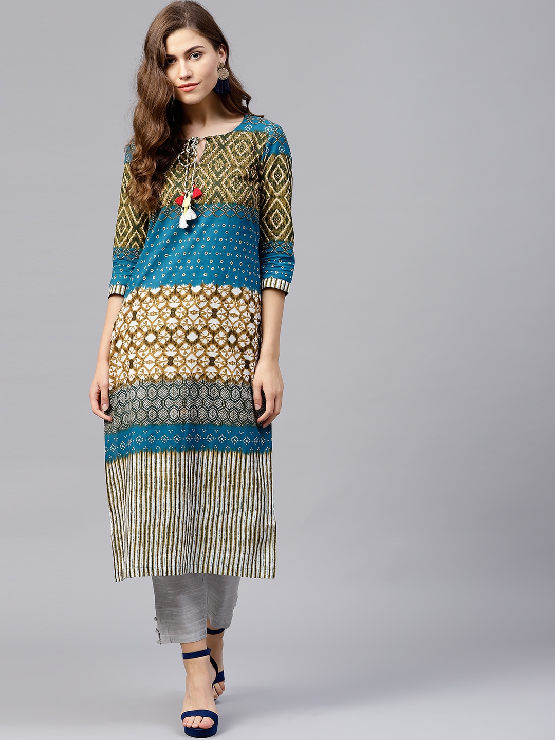 Buy Rain And Rainbow Women Teal Blue And Mustard Yellow Printed Straight