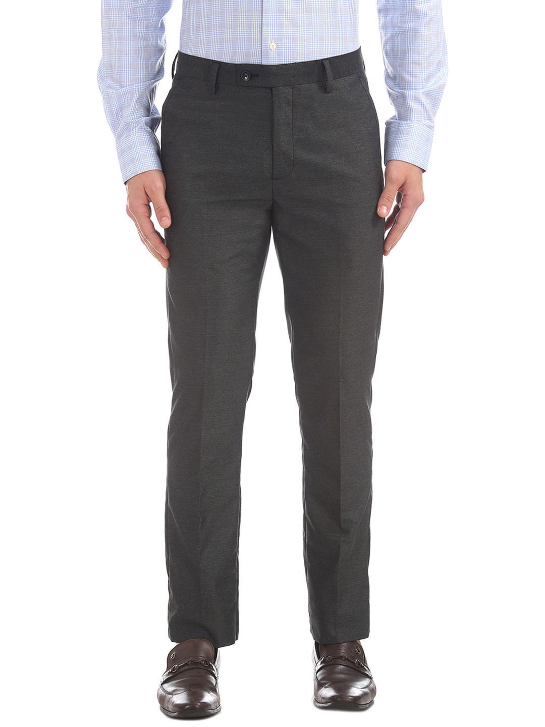 Buy Arrow Men Charcoal Regular Fit Solid Formal Trousers - Trousers for ...
