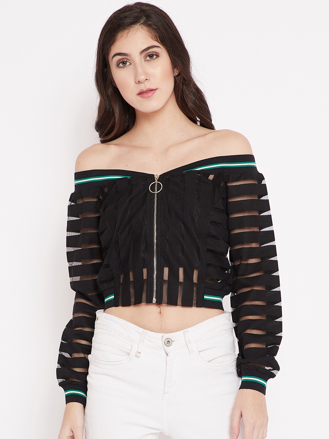 Buy Madame Women Black Self Striped Off Shoulder Crop Bomber Jacket ...