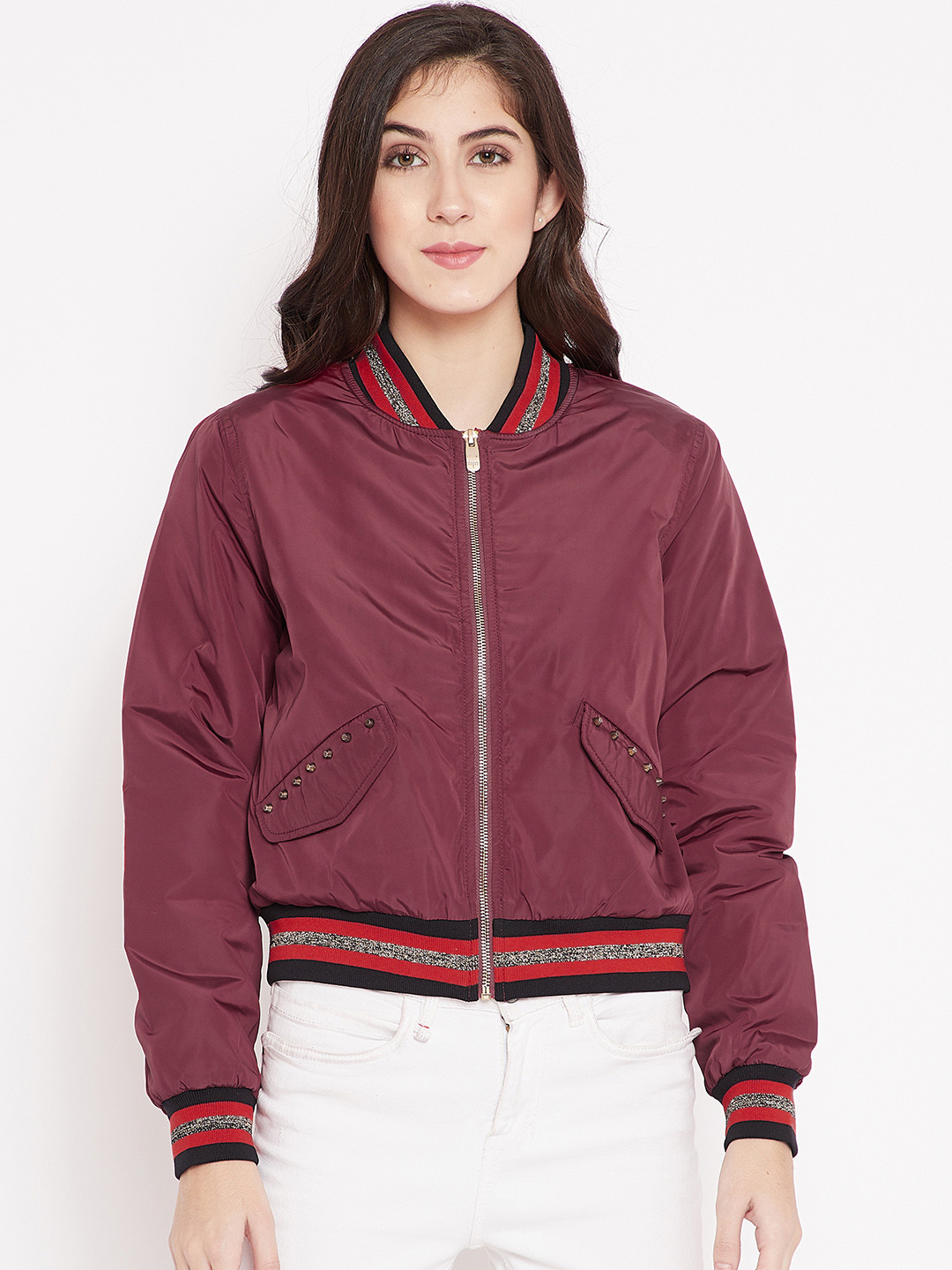 Buy Madame Women Maroon Solid Bomber - Jackets for Women 6978674 | Myntra