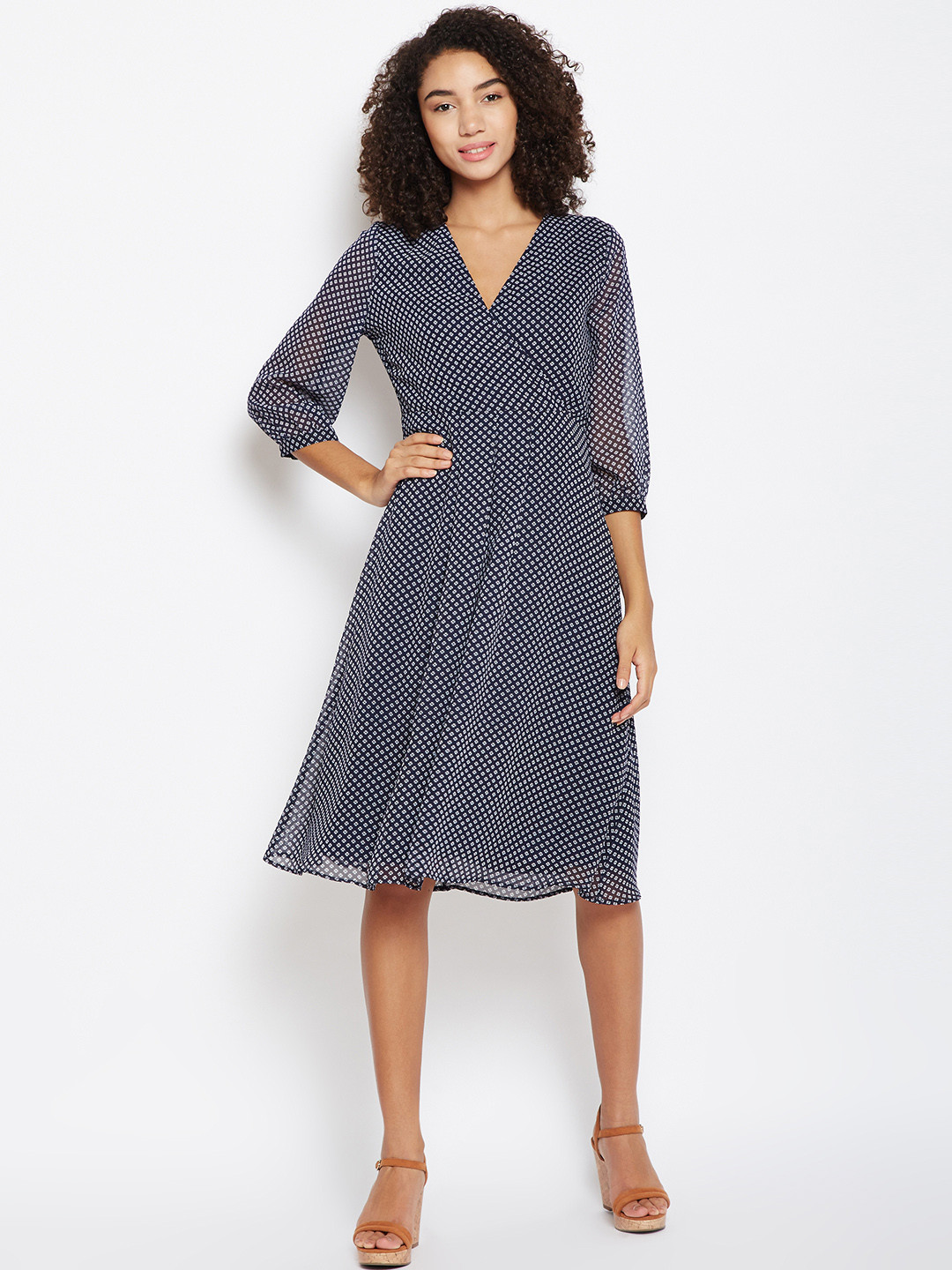 Buy Femella Women Navy Blue Printed Fit And Flare Dress - Dresses for ...