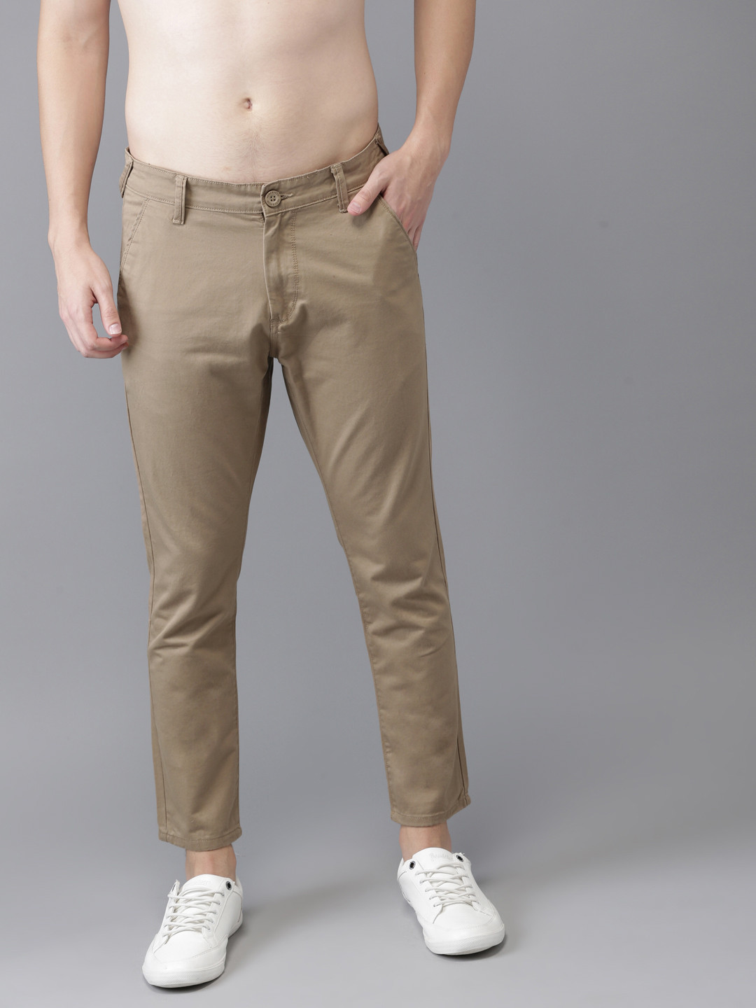 Buy HERE&NOW Men Beige Slim Fit Solid Cropped Chinos - Trousers for Men ...