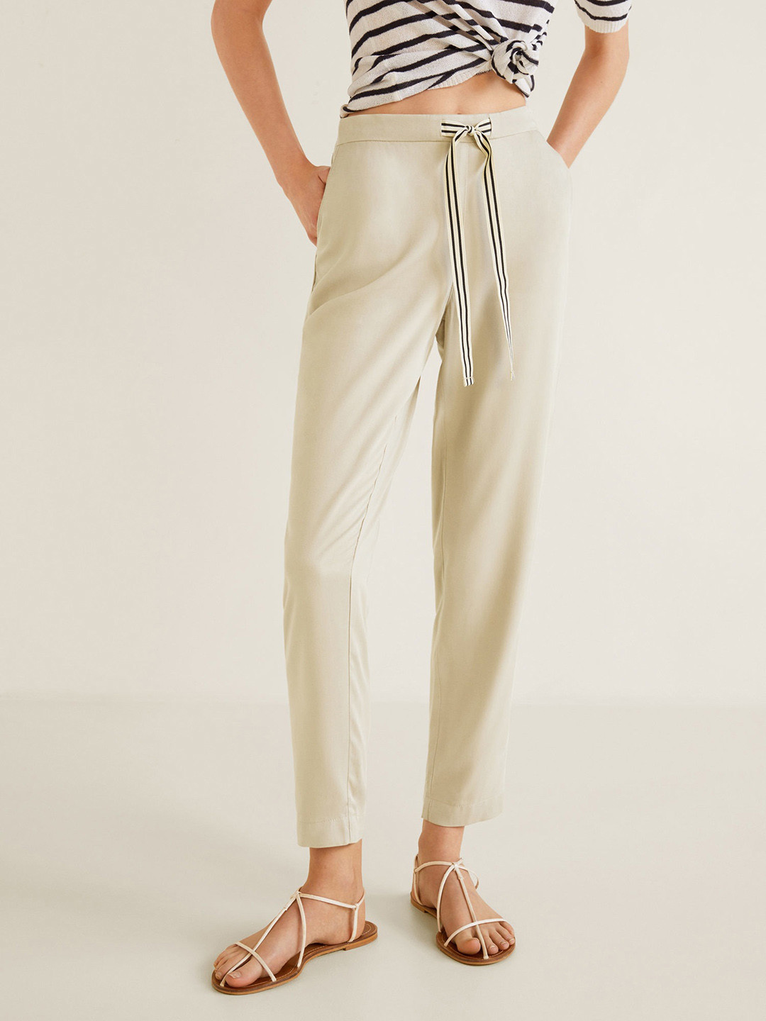 Buy MANGO Women Beige Regular Fit Solid Trousers - Trousers for Women ...