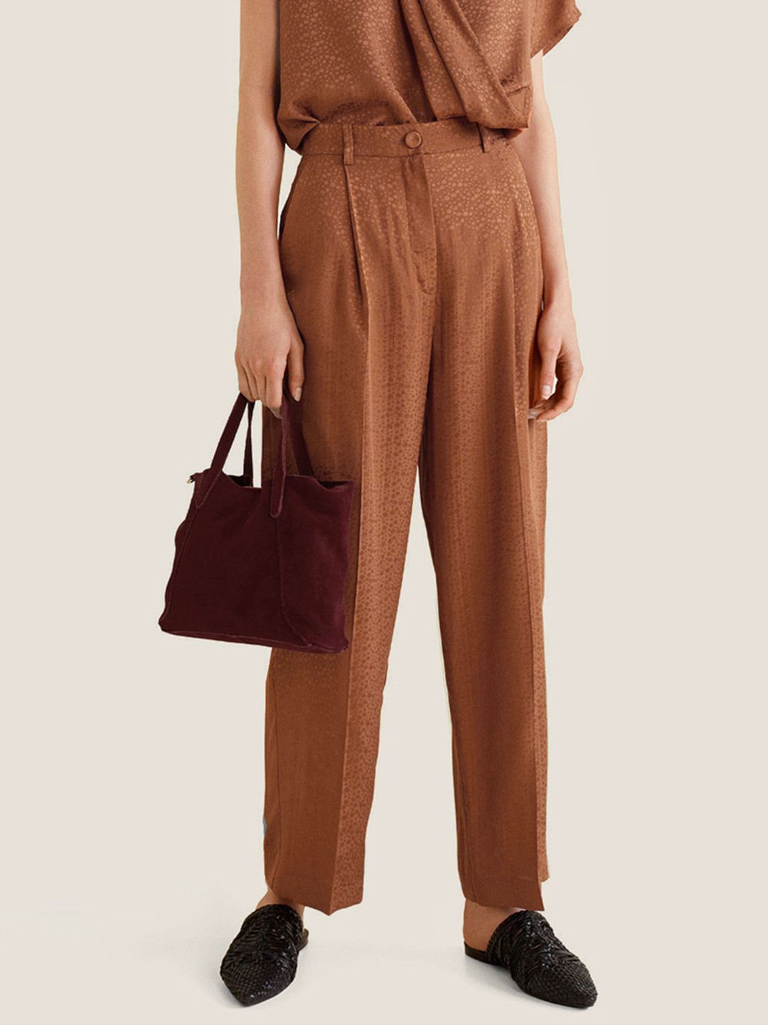 Buy MANGO Women Rust Brown Regular Fit Self Design Trousers - Trousers ...
