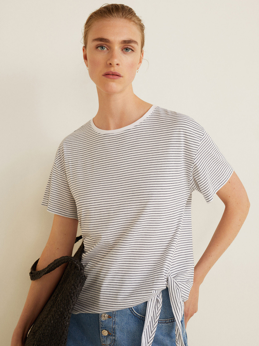 Buy MANGO Women White & Navy Blue Striped Pure Cotton Top - Tops for ...