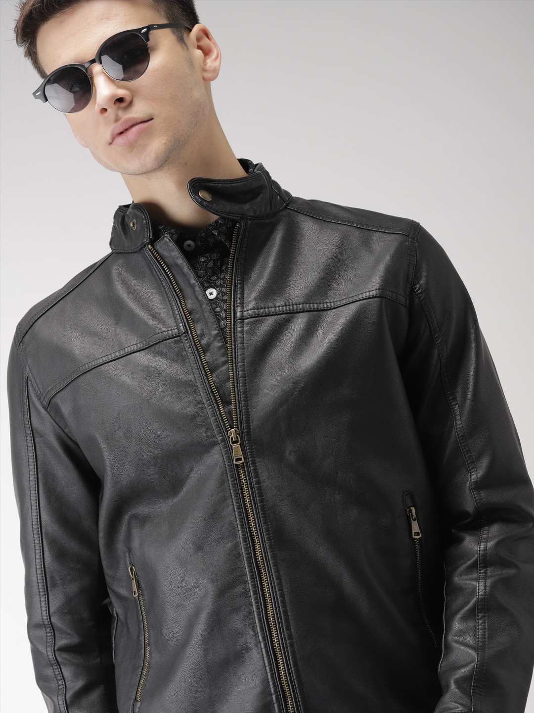 Buy Indian Terrain Men Black Solid Biker Jacket - Jackets for Men ...