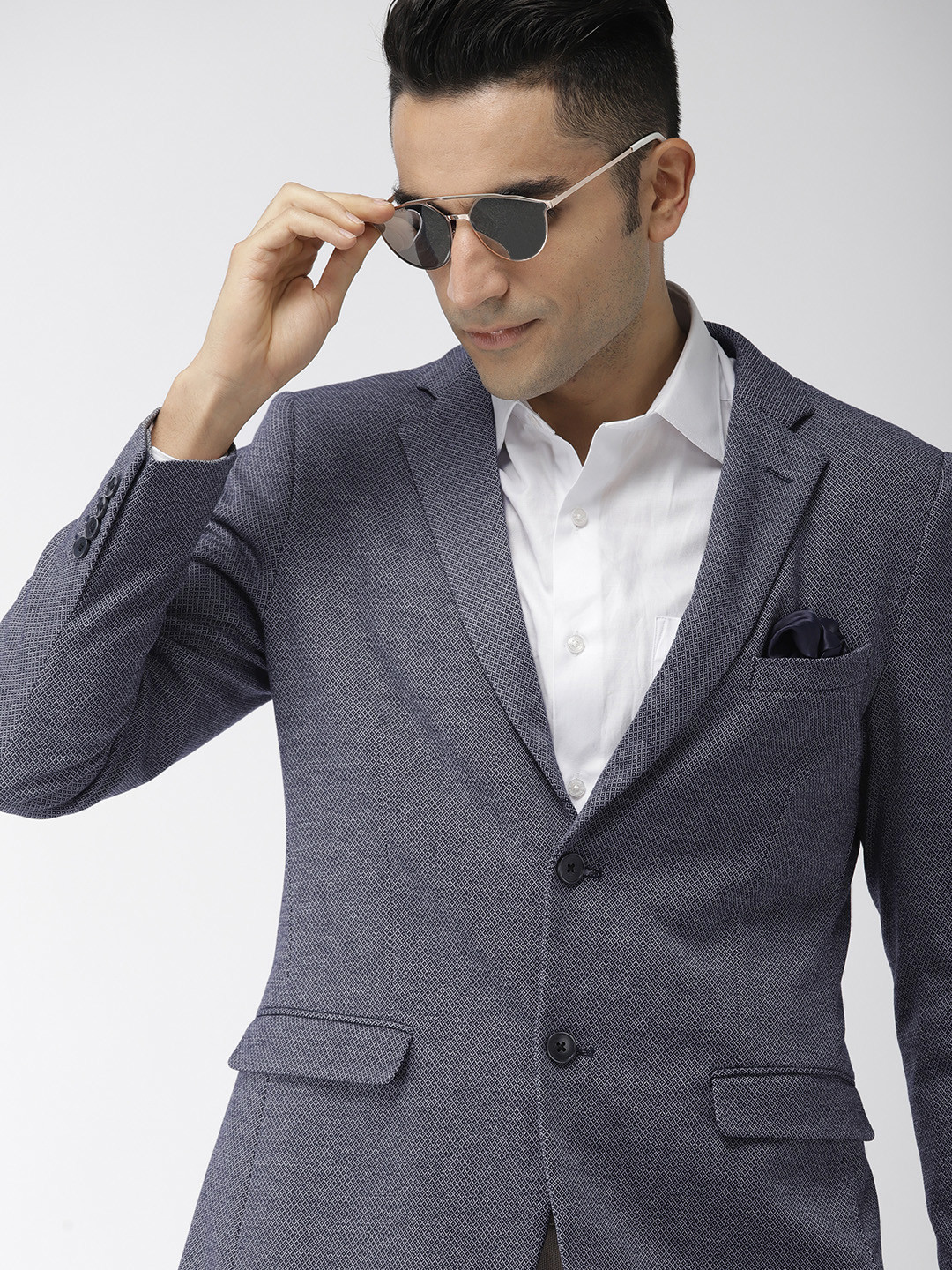 Buy Indian Terrain Men Navy Blue Self Design Regular Fit Single ...