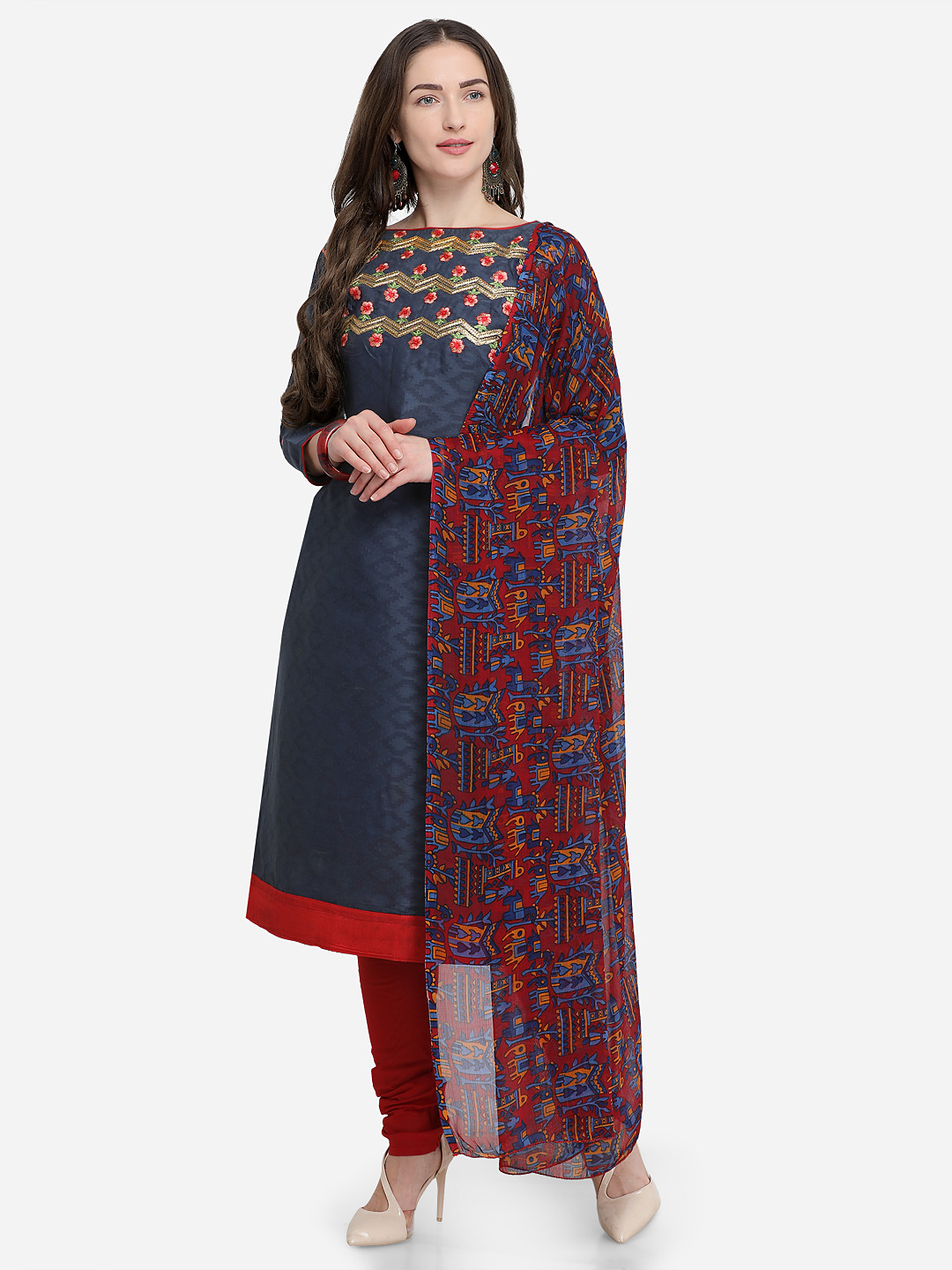 Buy Mf Grey & Red Cotton Blend Unstitched Dress Material - Dress ...