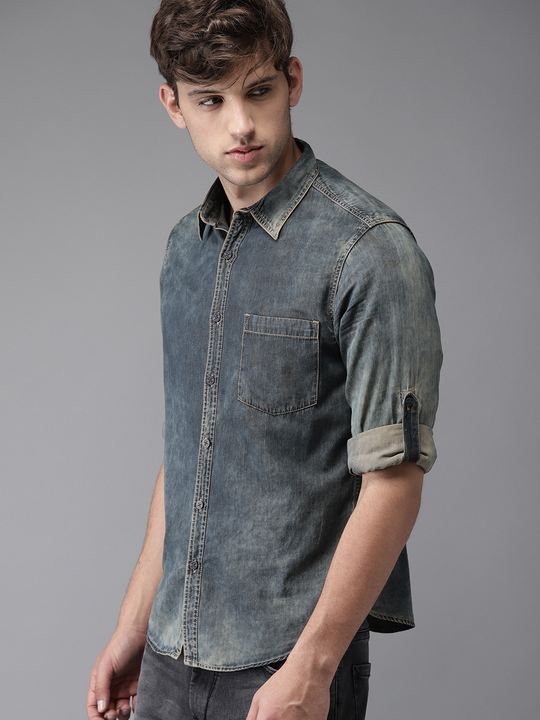 Buy HERE&NOW Men Blue Regular Fit Faded Denim Shirt - Shirts for Men ...