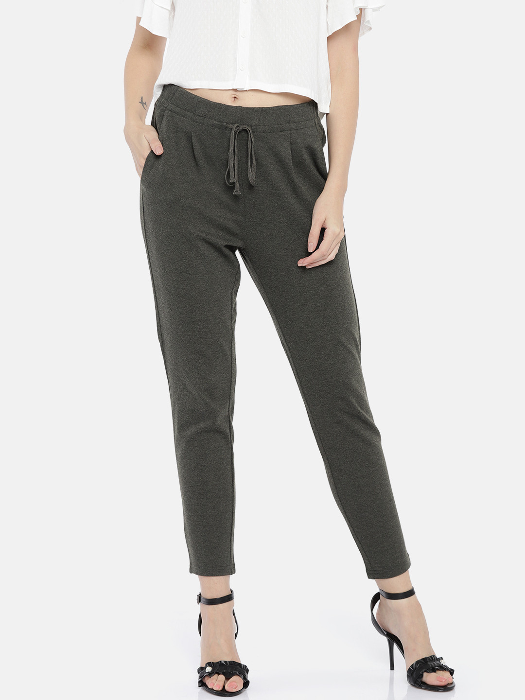 Buy ONLY Women Charcoal Grey Slim Fit Solid Regular Trousers - Trousers ...
