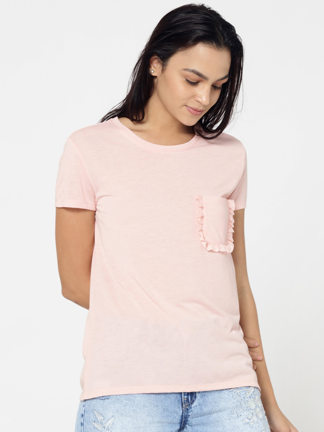 Buy ONLY Women Peach Coloured Solid Round Neck T Shirt - Tshirts for ...