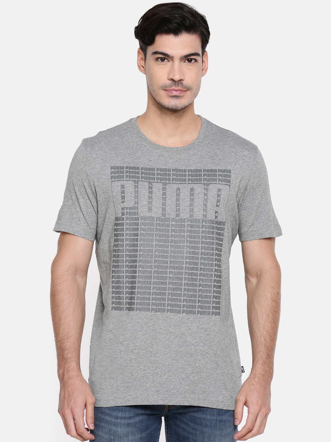 Buy Puma Men Grey Melange Wording Printed Round Neck Pure Cotton T ...