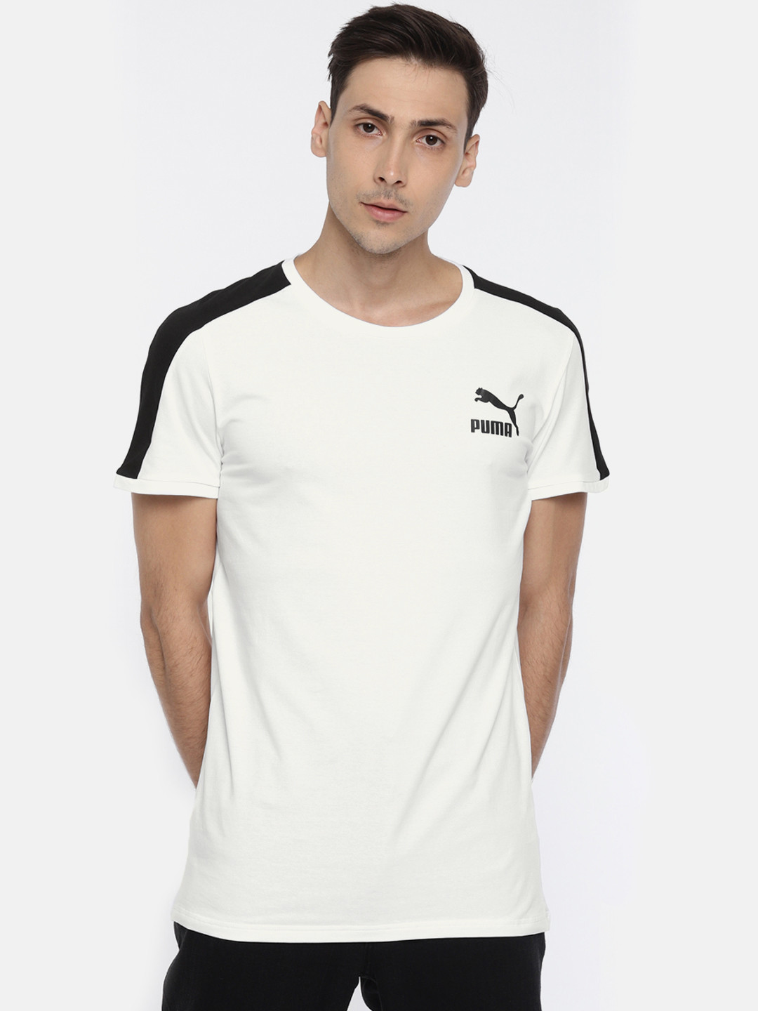 Buy Puma Men White Solid Slim Fit Classics T7 Pure Cotton T Shirt ...