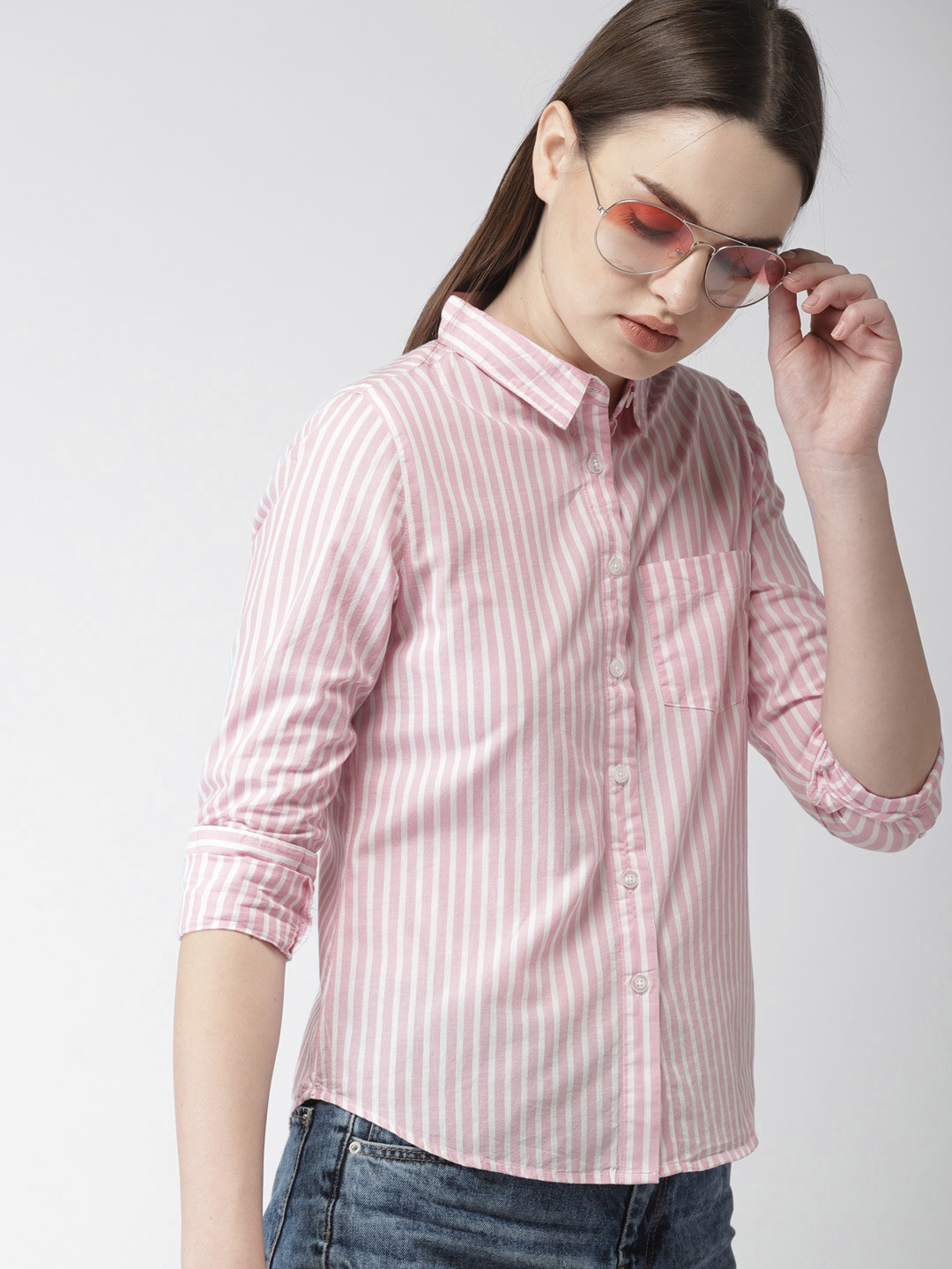 Buy Harvard Women Pink & White Regular Fit Striped Casual Shirt ...