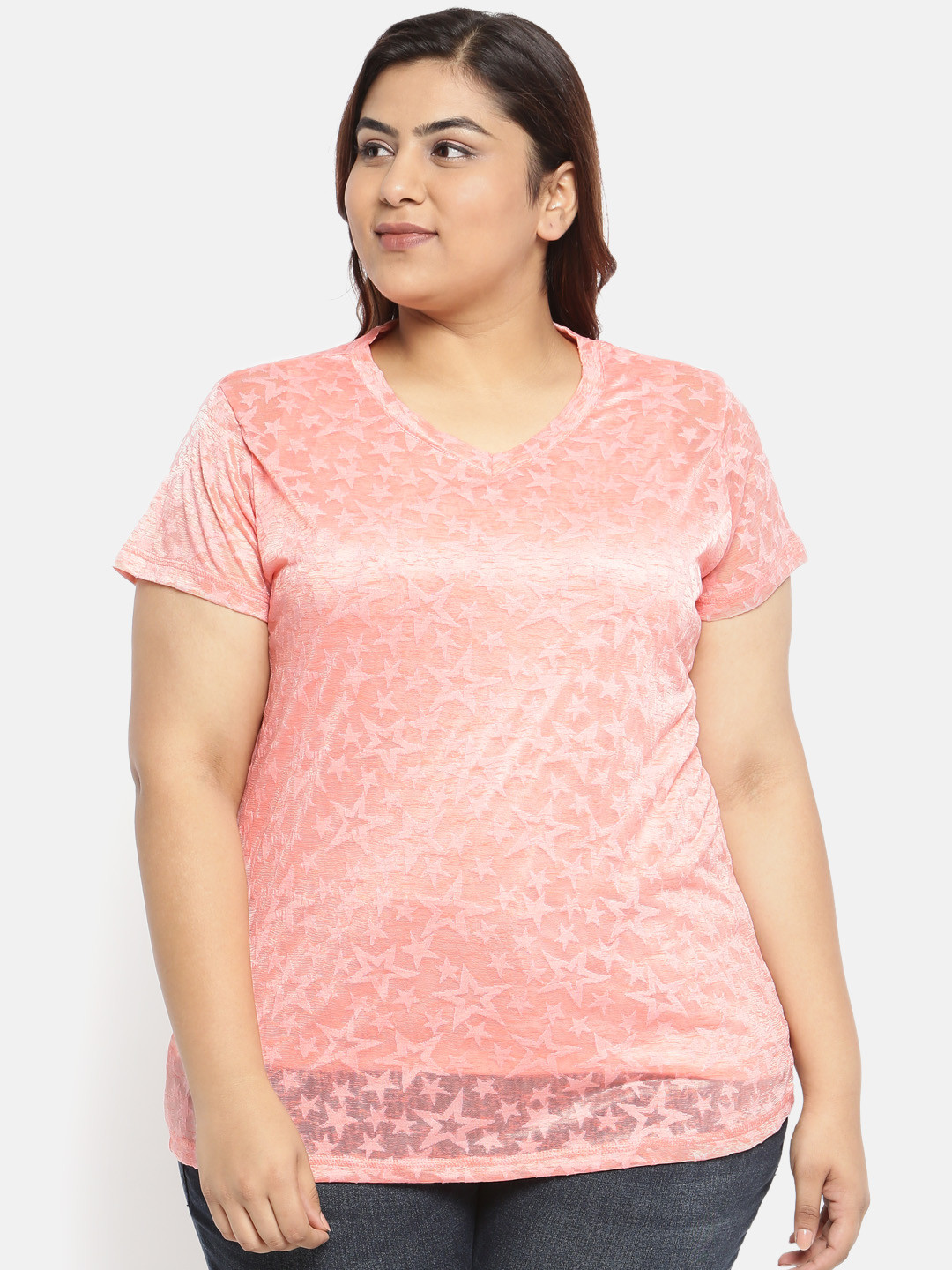 Buy ALL Plus Size Women Peach Coloured Self Design Top - Tops for Women ...