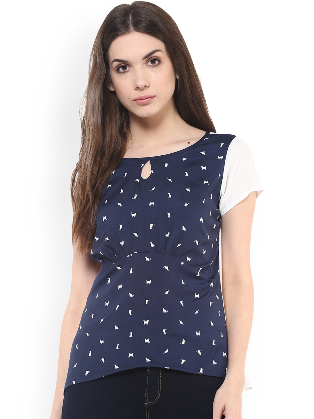 Buy Zima Leto Women Navy Blue & White Printed Cinched Waist Top - Tops ...