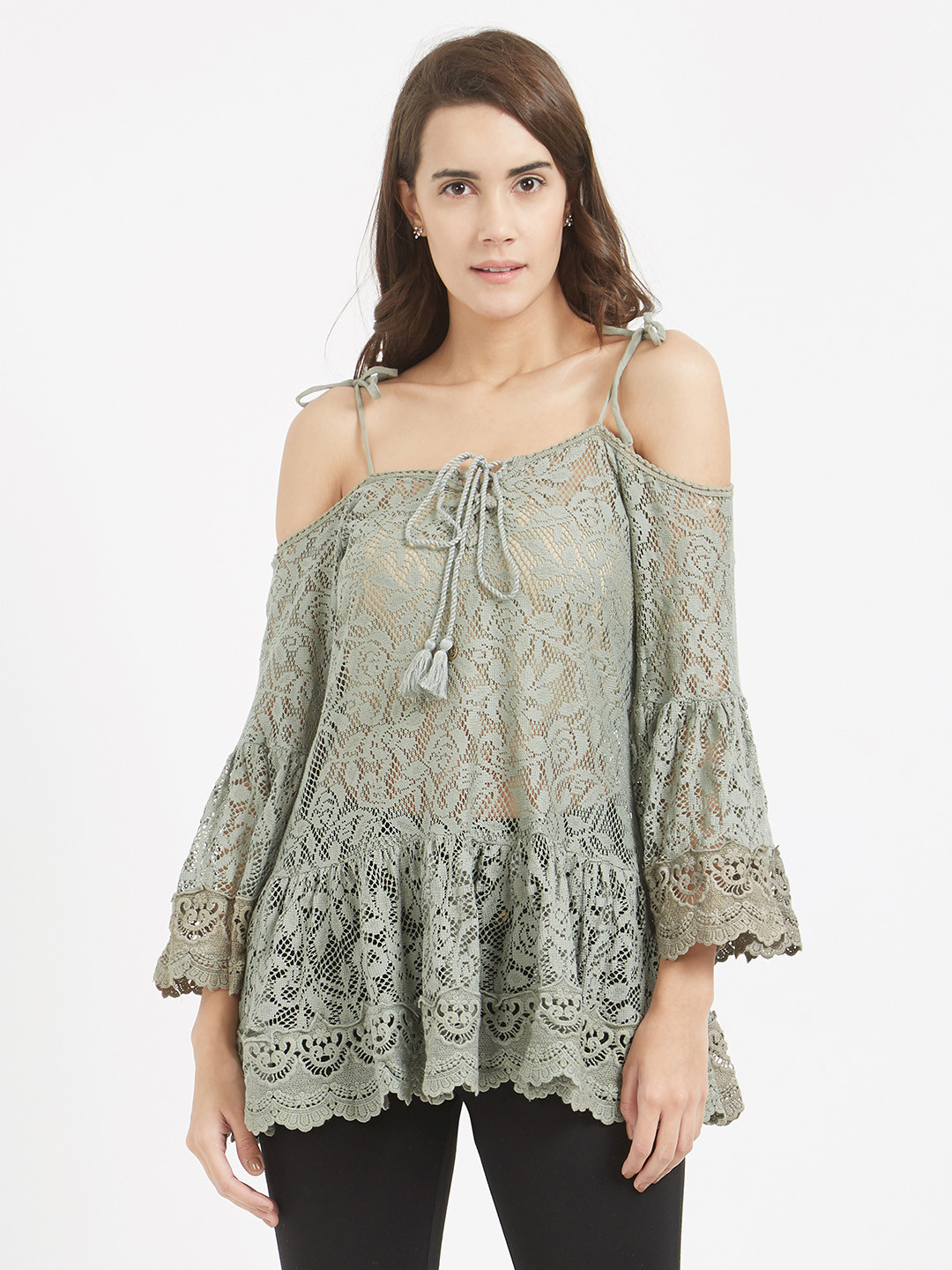 Buy The Beach Company Women Green Lace A Line Pure Cotton Top - Tops ...