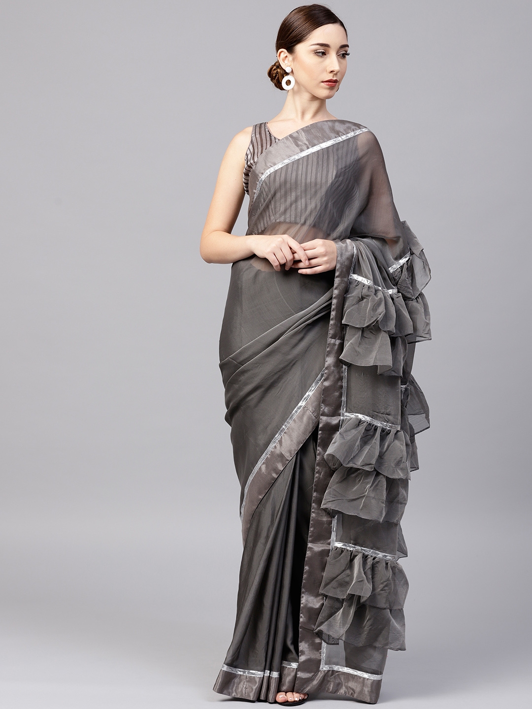 Buy Inddus Grey Solid Ruffle Saree - Sarees for Women 7079952 | Myntra Buy Inddus Grey Solid Ruffle Saree - Sarees for Women 7079952 | Myntra