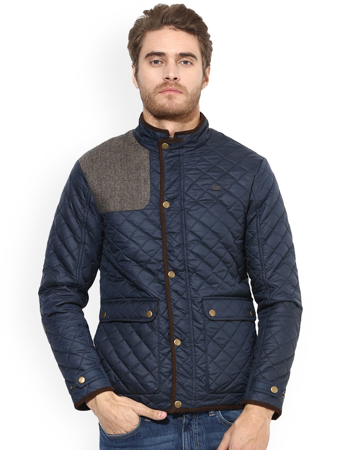 Buy Red Tape Men Navy Blue & Grey Colourblocked Quilted Jacket ...
