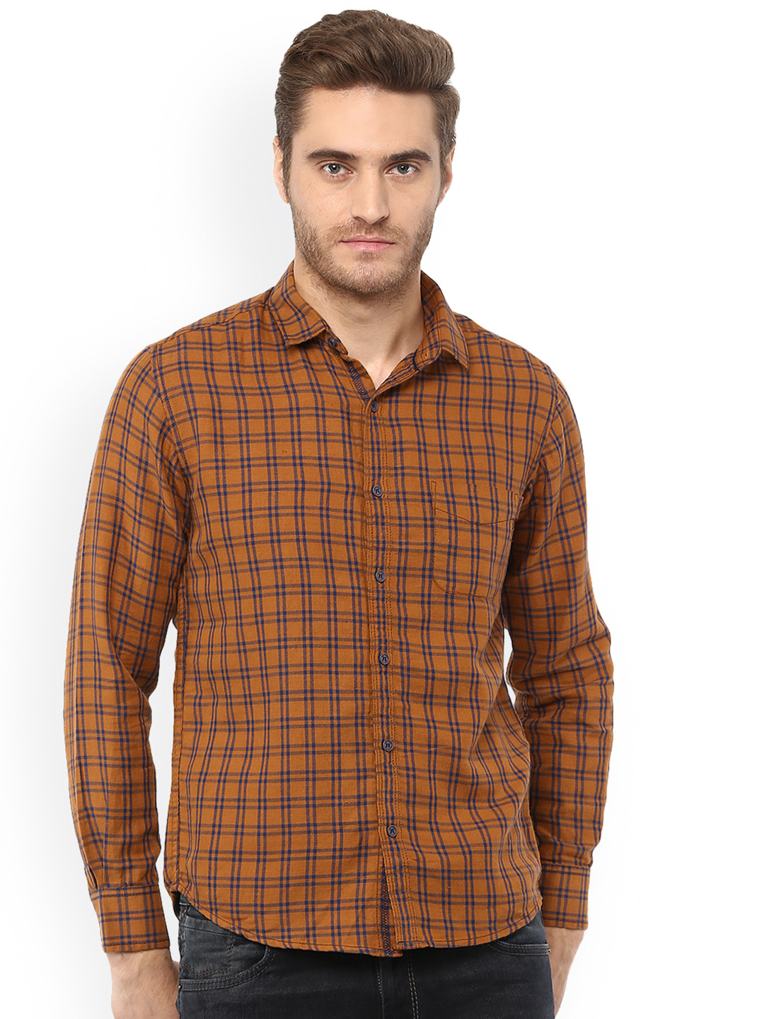 Buy Mufti Men Rust Orange Slim Fit Checked Casual Shirt - Shirts for ...