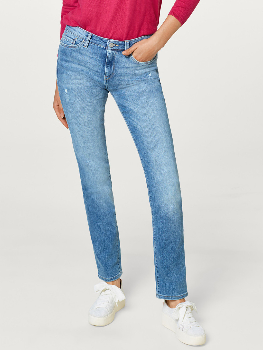 Buy ESPRIT Women Blue Straight Fit Mid Rise Low Distress Stretchable ...