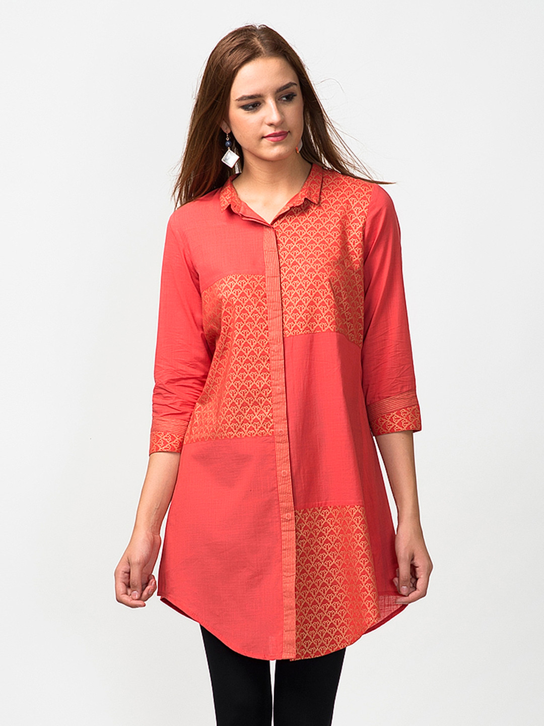 Buy Fabindia Coral Orange & Golden Printed Tunic - Tunics for Women ...
