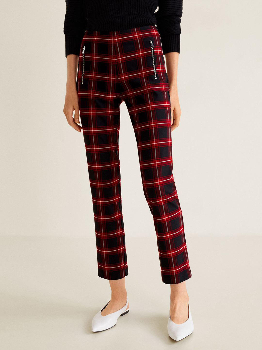 Buy MANGO Women Black & Red Checked Cropped Trousers - Trousers for ...