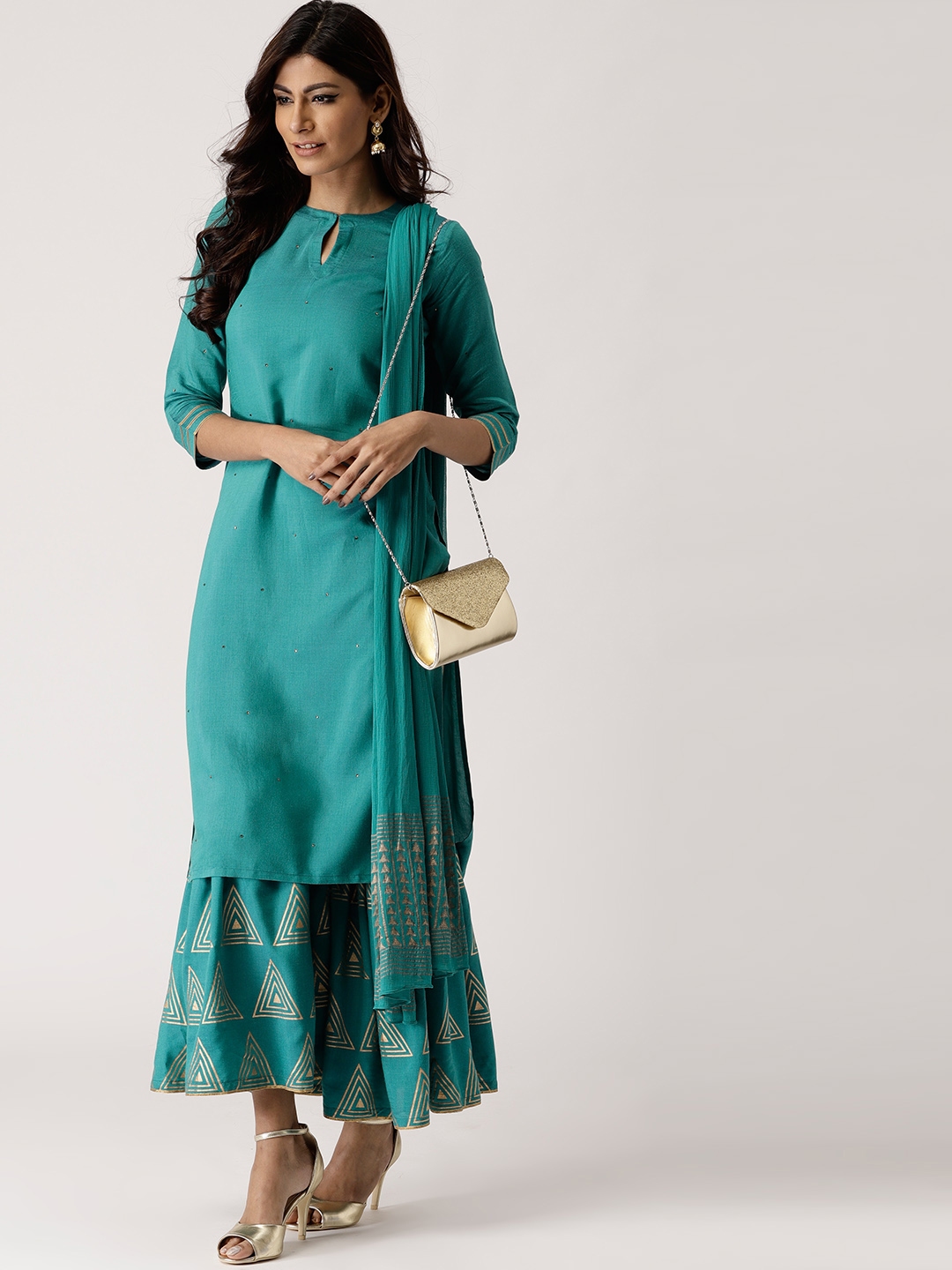 Buy Libas Women Green And Golden Solid Kurta With Sharara And Dupatta