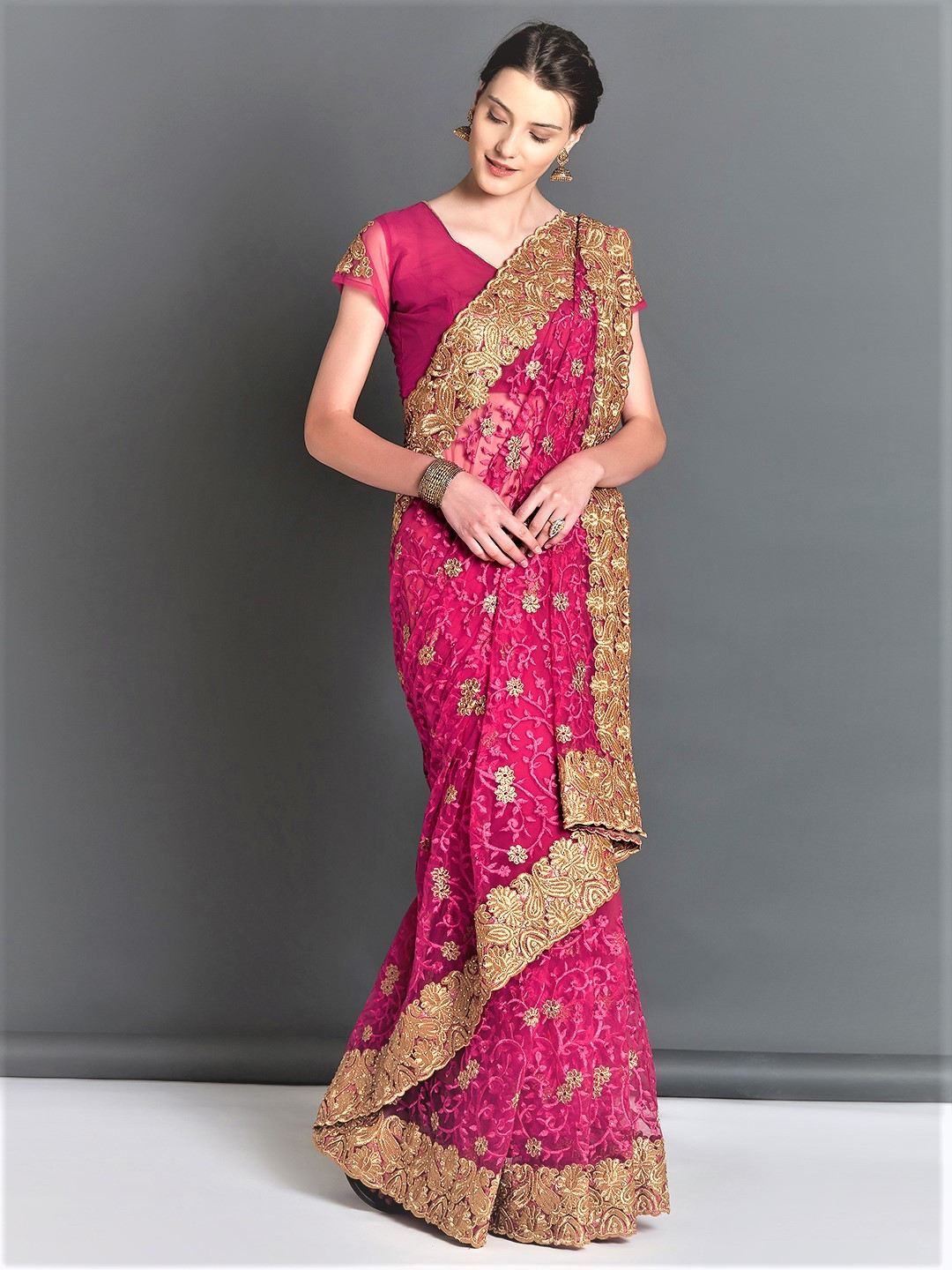 Buy Mitera Pink & Gold Toned Net Embroidered Saree - Sarees for Women ...