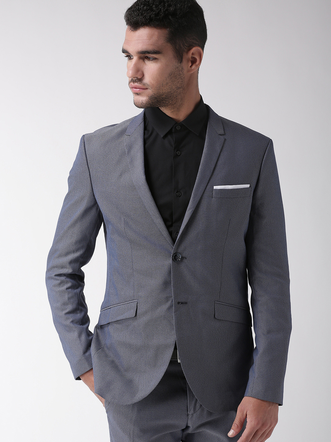 Buy SELECTED Identity Men Blue Self Design Single Breasted Formal ...
