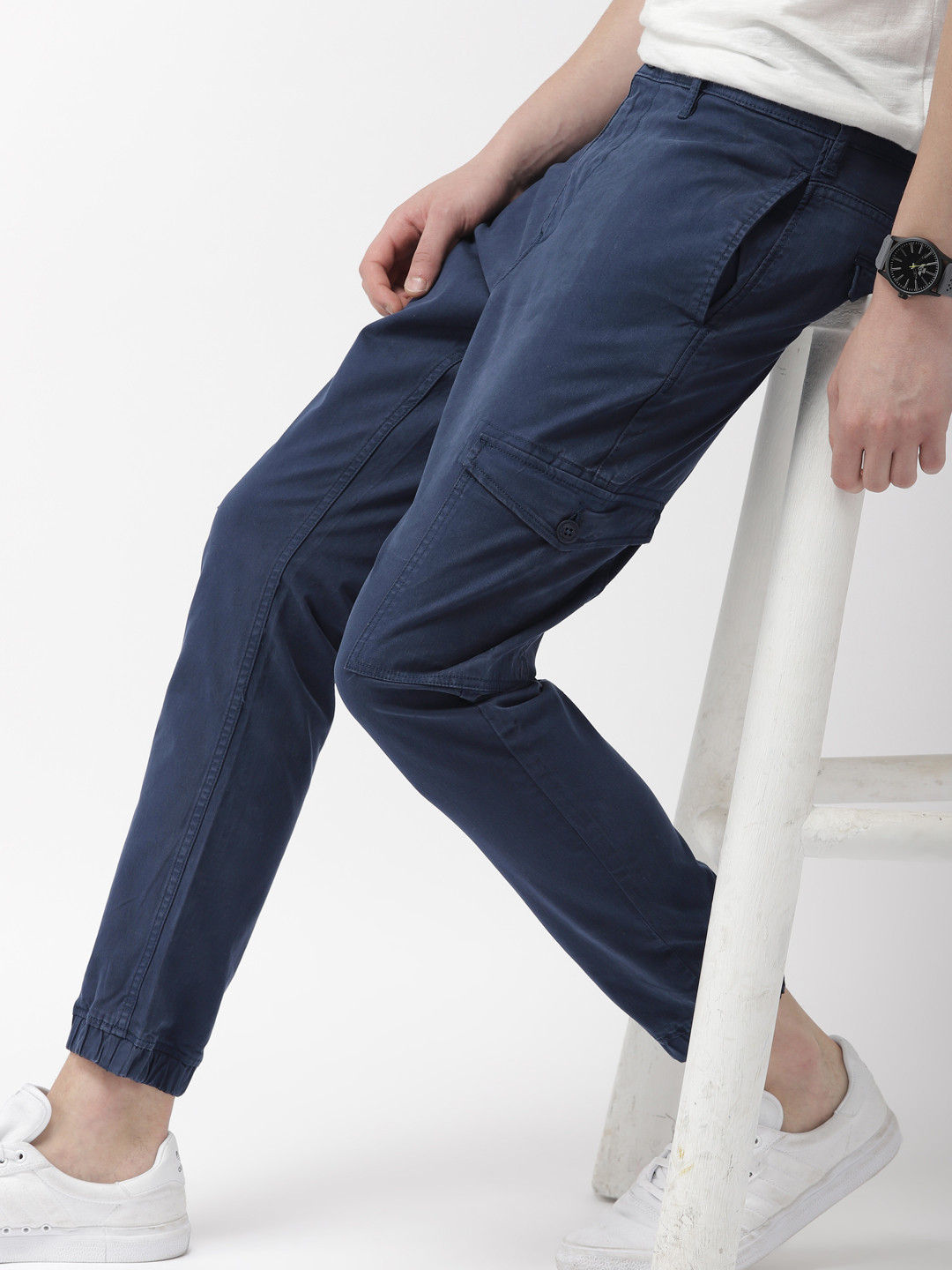 Buy Mast & Harbour Men Navy Blue Regular Fit Solid Cargos - Trousers ...