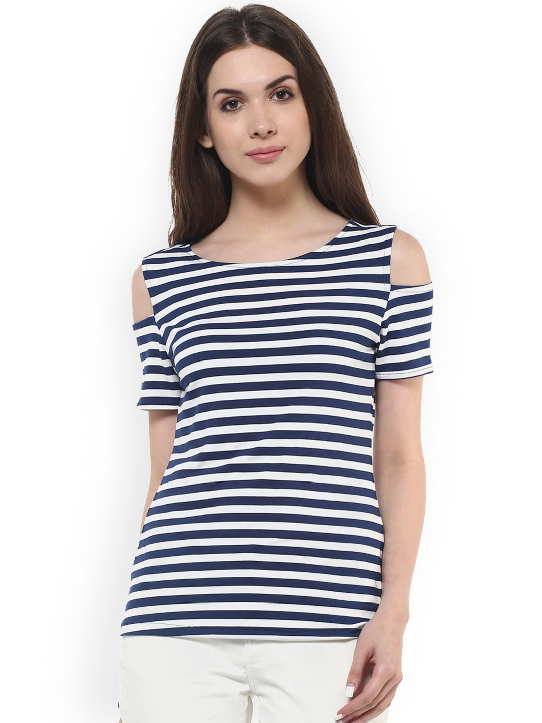 Buy Zima Leto Women Navy Blue & White Striped Cold Shoulder Top - Tops ...