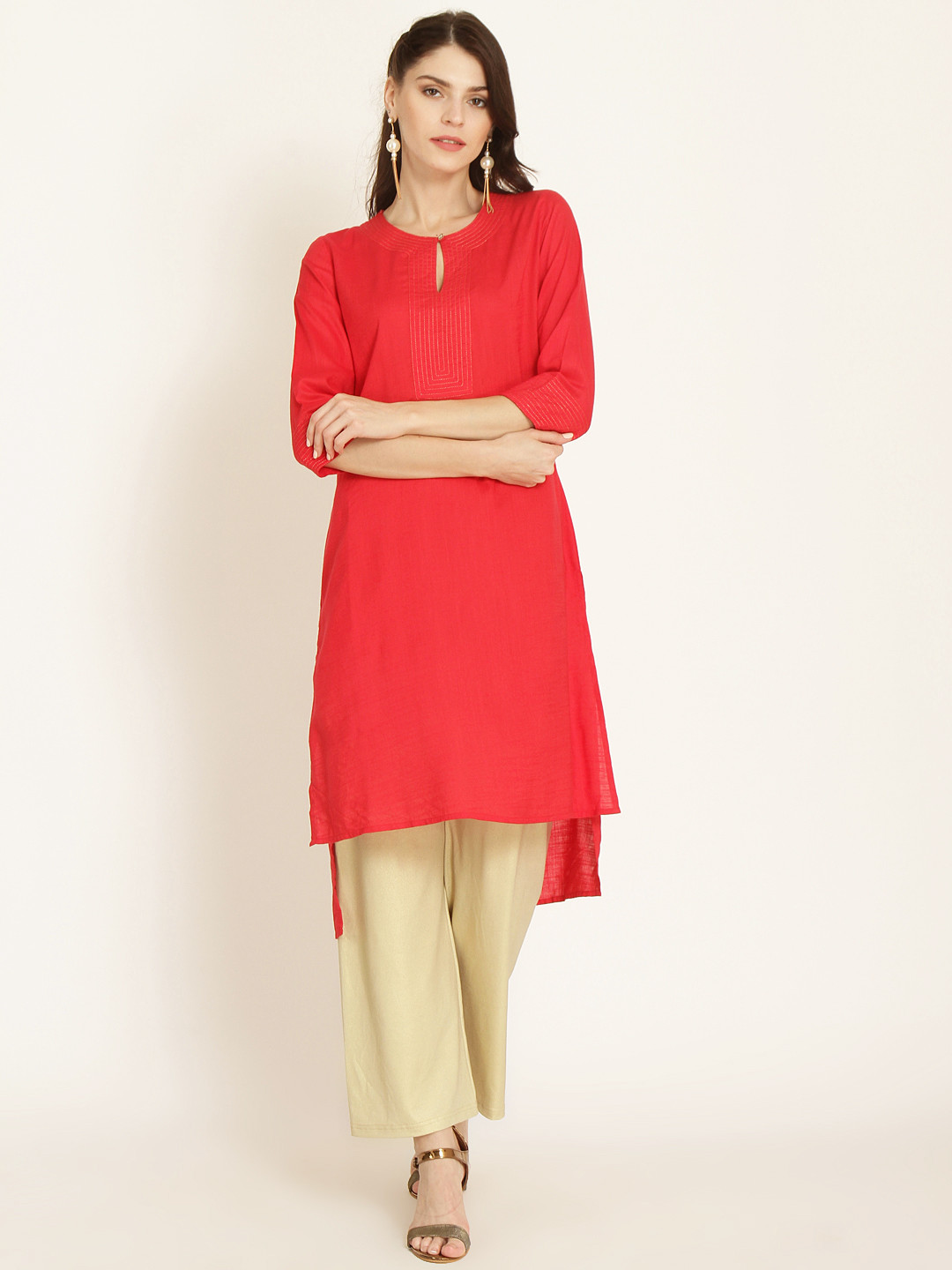 Buy RARE ROOTS Women Red Solid Straight Kurta - Kurtas for Women ...