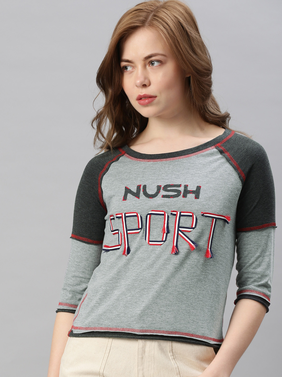 Buy NUSH Women Grey Melange Self Design Round Neck Pure Cotton T Shirt ...