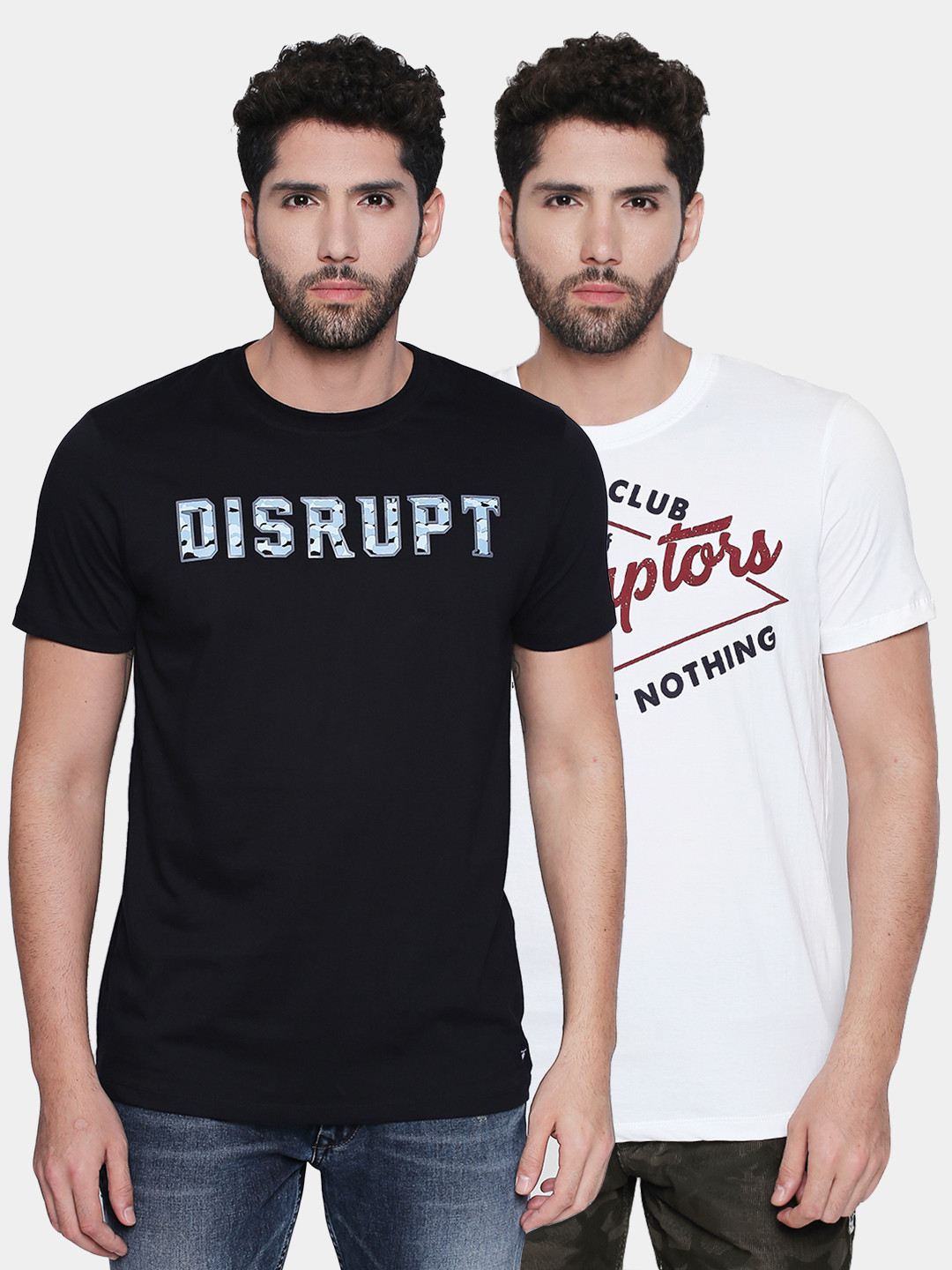 Buy Disrupt Men Pack Of 2 Black & White Printed Round Neck T Shirts ...