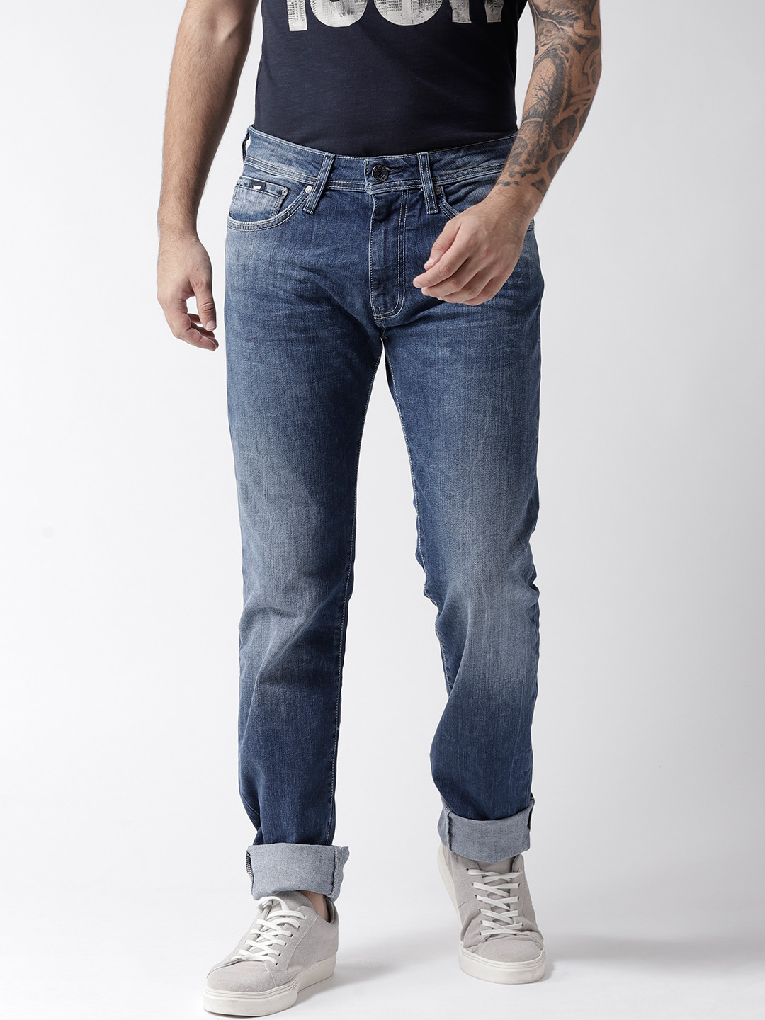 Buy GAS Men Navy Blue Straight Fit Mid Rise Clean Look Stretchable ...
